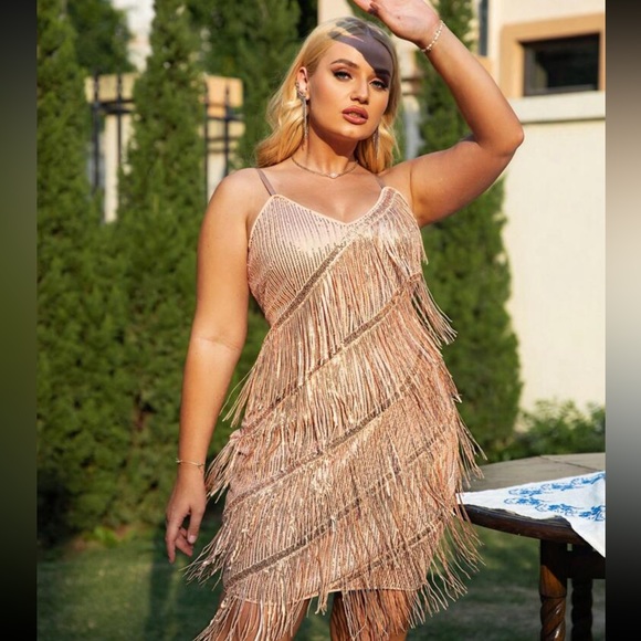 Dresses | Gorgeous Fringe Champagne Color Party Dress | Poshmark